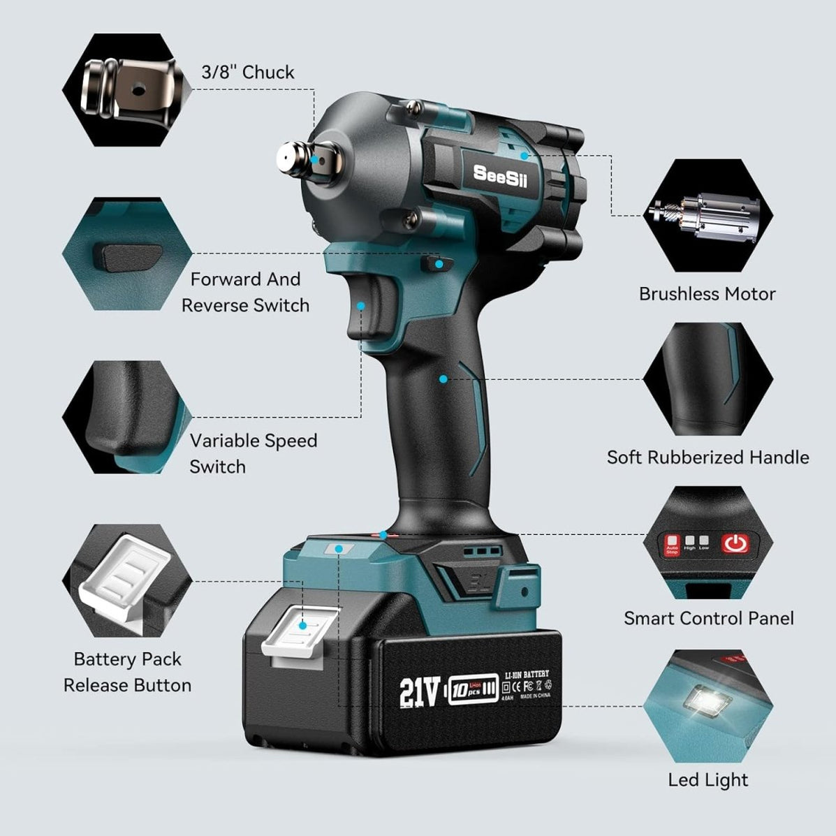 Seesii WH450 3/8" 450N.m Brushless Impact Wrench, 4.0Ah Battery — SeeSii
